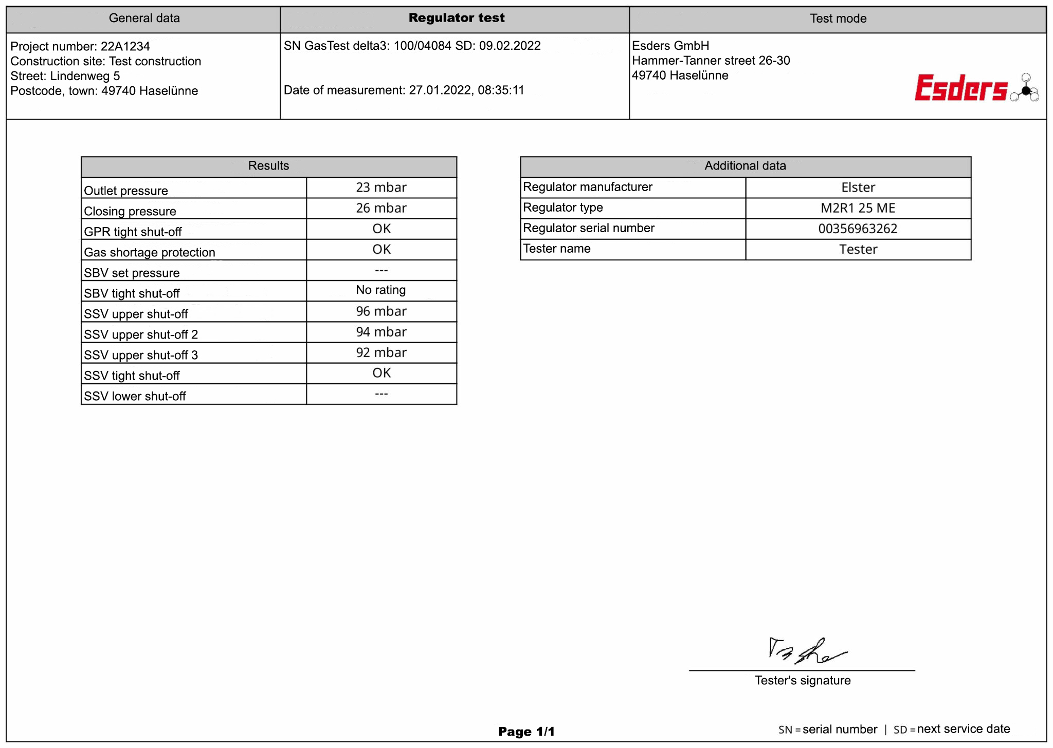 Functional test of the gas pressure regulator - Esders GmbH